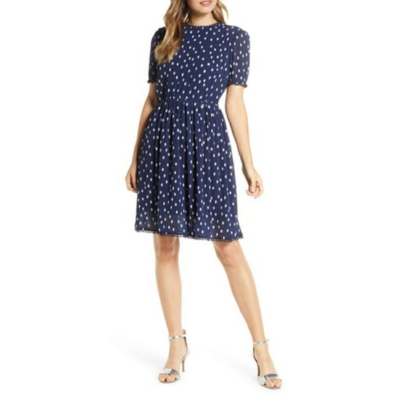 1901 | Dresses | New 91 Chiffon Polka Dot Fitandflare Navy Blue Dress ...